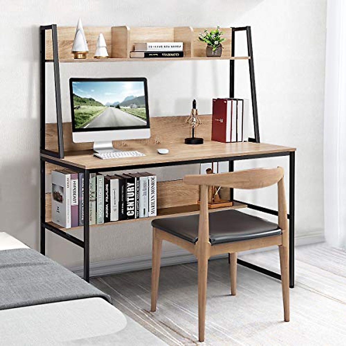 Tangkula Computer Desk with Hutch & Bookshelf, 47 Inches Space Saving Writing Study Table Home Office Desk, PC Laptop Table Workstation with w/ 3 Open Storage Space & Bottom Bookshelf (Natural)