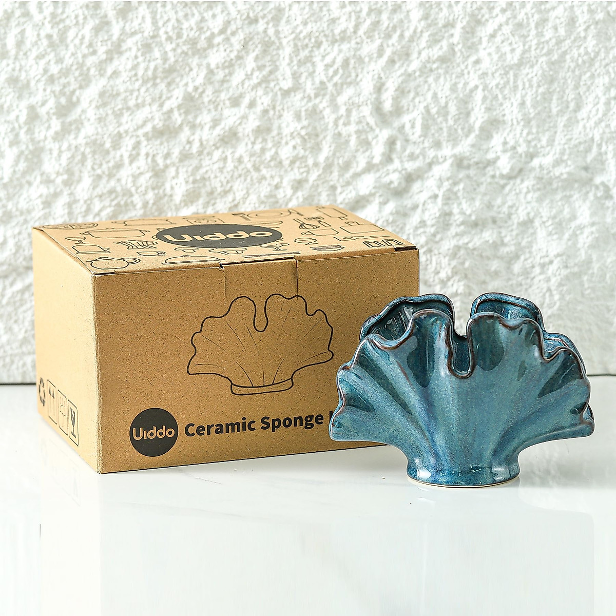 Uiddo Ceramic Sponge Holder,Sponge Holder for Kitchen Sink,Compact Sink Caddy Organizer-Scouring Pad and Dish Sponge Holder,Farmhouse Kitchen Decor Cute Kitchen Gadgets Accessories(Blue)