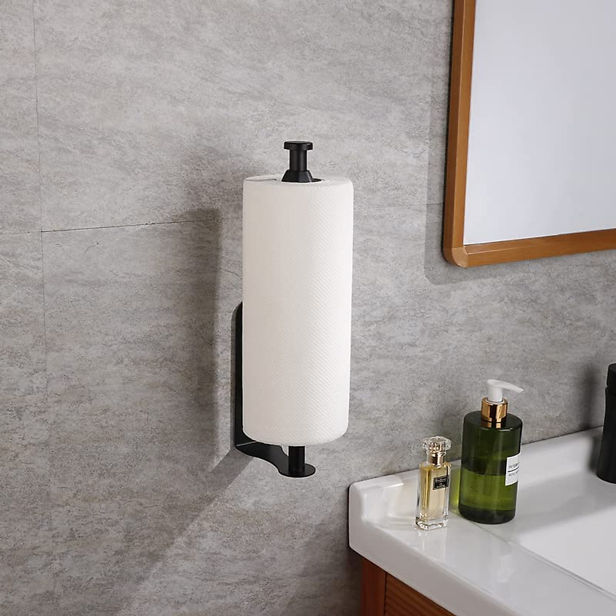 Dmjxi Paper Towel Holder, Single Hand Operable Paper Towel Holder Under Cabinet with Damping for Kitchen Bathroom, Adhesive Paper Towel Holder Countertop Paper Roll Holder Wall Mount (Black)