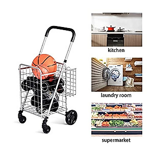 Shopping Cart with Dual Swivel Wheels for Groceries - Compact Folding Portable Cart Saves Space - with Adjustable Handle Height (Black)
