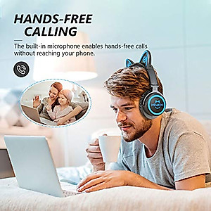 Mindkoo Wireless Headphones Bluetooth, Cat Ear Over Ear Headphones, LED Light Up 7 Color Blinking, Safe Foldable Headset Stero, with Microphone, for Kids Adults