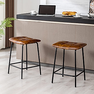 DUHOME 24” Square Tufted Counter Bar Stools Set of 2, Breathable Faux Leather Upholstered Barstool with Footrest, Backless Stool for Kitchen Counter Island Bar, YellowishBrown