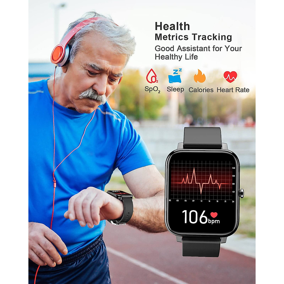 Smart Watches for Men iPhone Compatible: 1.78" Big Face Smart Watch for Android and iOS Phones, IP68 Waterproof Smartwatches Fitness Tracker of Heart Rate Sleep Monitoring for Women, Seniors -Black