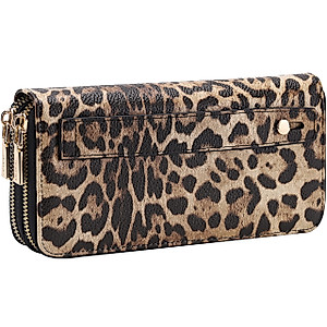 B BRENTANO Vegan Leather Double Zipper Pocket Wallet with Grip Hand Strap (Leopard)