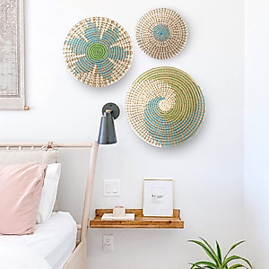 GoGift Wall Basket Decor - Wicker Coastal For Home Baskets Hanging Woven Boho Beach Rattan Seagrass Set of 3 Beige Teal Blue and Light Green