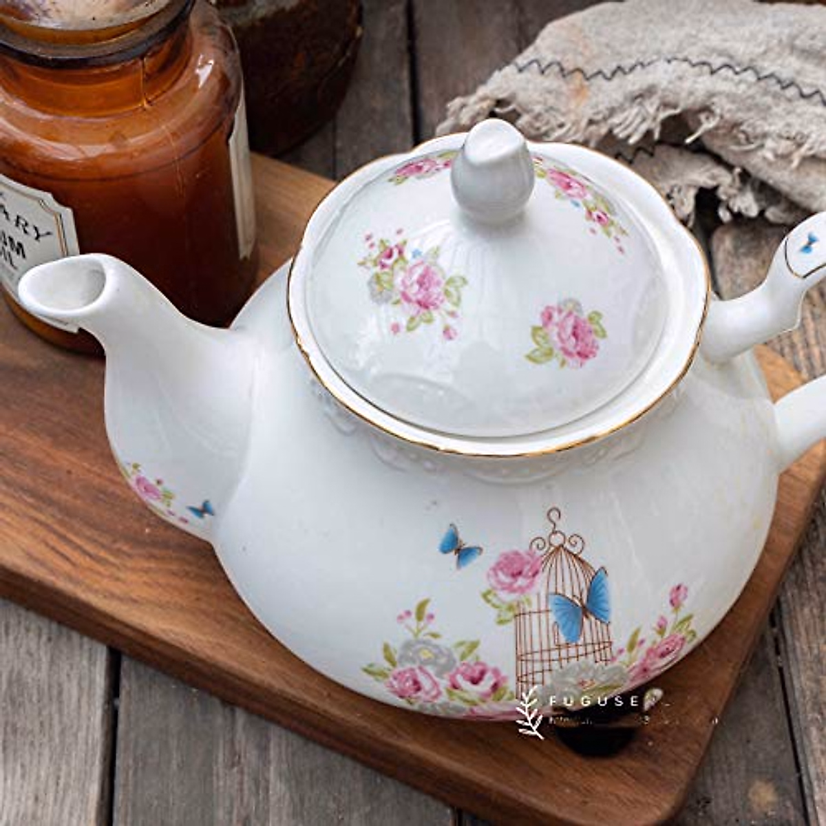 YBK Tech Strength Porcelain Coffee Pot Ceramic Teapot- Pink Rose (Teapot)