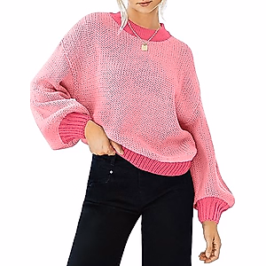 ZESICA Women's Casual Long Sleeve Crew Neck Pullover 2025 Spring Ribbed Knit Loose Contrast Color Sweater Tops,HotPink,Medium