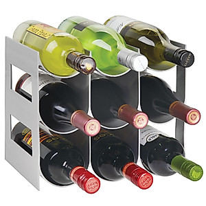 mDesign Plastic Water Bottle Organization/Wine Rack Storage Organizer for Kitchen Countertops, Cabinet, Bin, Pantry, Fridge, Refrigerator, 3 Tiers, 9 Bottles, Lumiere Collection - Gray