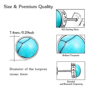 925 Sterling Silver Turquoise Studs Hypoallergenic Earrings for Sensitive Ears with Romantic "Forever Love" Engraving Jewelry Valentine for Women Girlfriend-6MM