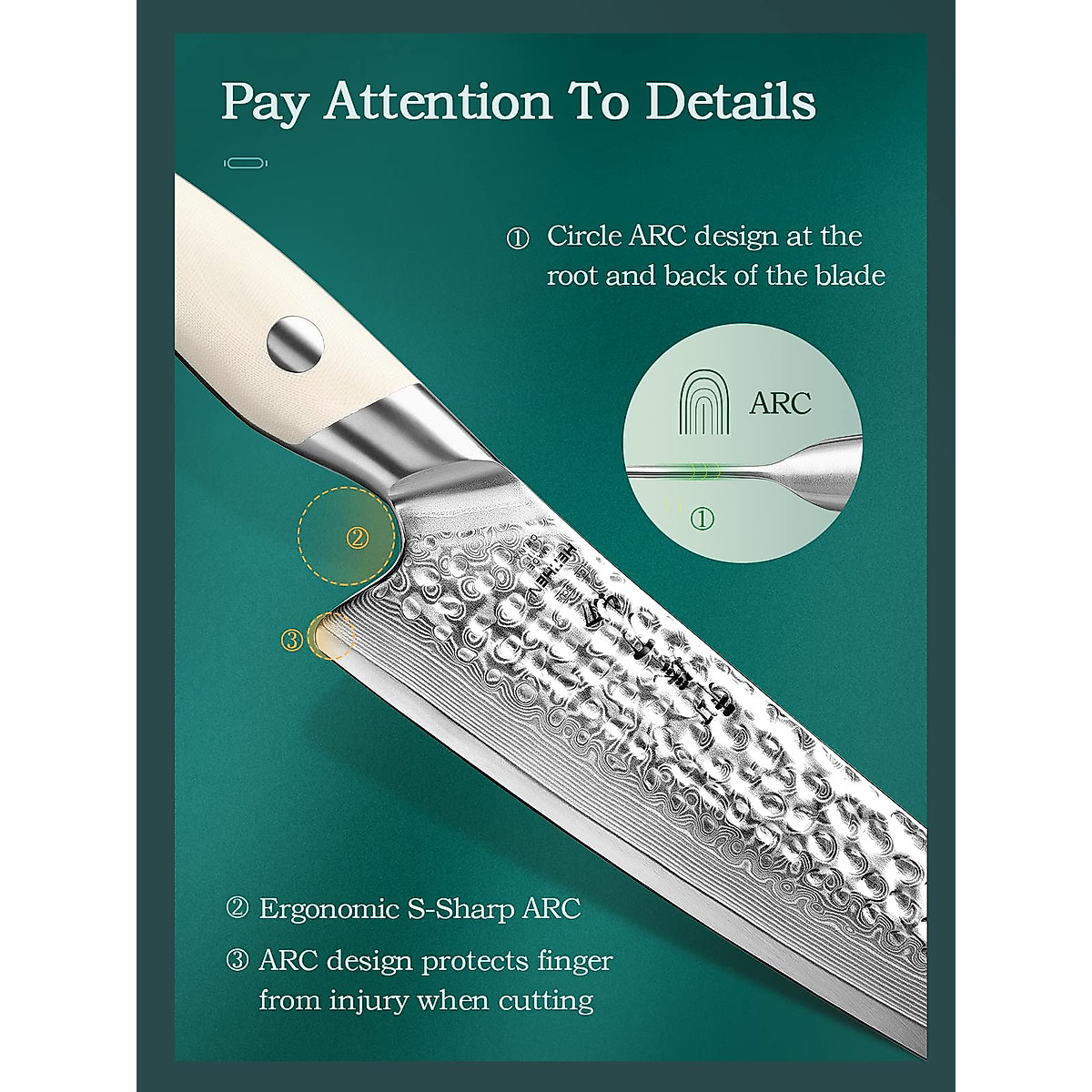 HEZHEN 7.3” Santoku Knife, High Carbon Damascus Steel Chef Knife, Hammered Japanese Style Kitchen Knives,Meat Vegetable Cutting Cleaver Knife, Ivory White G10 Handle