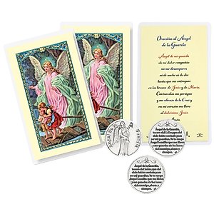 Spanish Catholic Guardian Angel Prayer Card - with Guardian Angel Coin - Laminated Double Sided Guardian Angel Holy Card, Guardian Angel Token - Angel De La Guarda Oracion Tarjetas - 6 Items Total