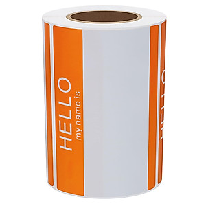 Hycodest Hello My Name is, Sticker Writing Stickers Easy Peel and Stick Badges Sensitive Name Tag 3.5"x2.35", 200 Pcs (Orange)