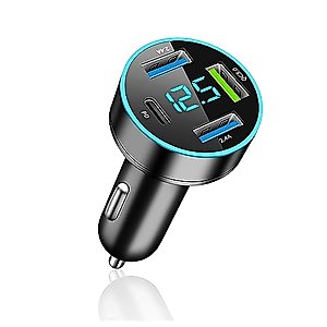4-Port USB Car Charger,Car Charger Adapter Fast Charging Cigarette Lighter USB Charger with Blue LED,2.4A+PD+QC3.0 Ports Car Charger Adapter Compatible with iPhone/Android(QC3.0+2.4A+2.4A+PD)