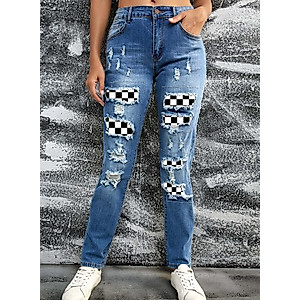 EVALESS Ripped Jeans for Women Boyfriend Distressed Patchwork Print Democracy Mom Jeans 2023 Fashion Wide Leg Losse Baggy Racing Denim Pants with Hole Blue Medium