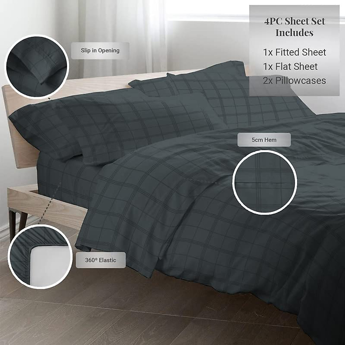 Pizuna Cotton Sheets Queen Size, 300 Thread Count Long Staple Cotton Soft Sateen Sheets Queen with 15inch Deep Pocket (Combed Checks Luxury Anthracite Grey Cotton Sheets Queen)