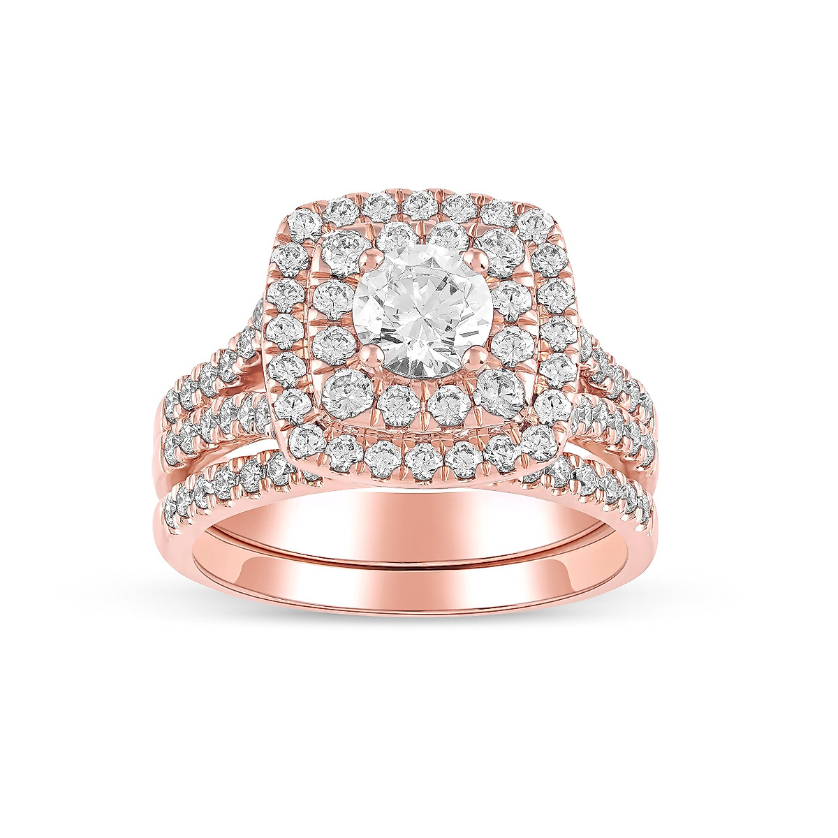 IGI Certified 14k Rose Gold 2 ct TDW Round Cut Diamond Double Halo Engagement Ring Set (I-J, I2)