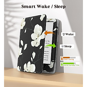 MoKo Case for 6.8" Kindle Paperwhite (11th Gen 2021) and Kindle Paperwhite Signature Edition, Slim PU Shell Cover Case with Auto-Wake/Sleep for Kindle Paperwhite 2021 E-Reader, Black & White Magnolia