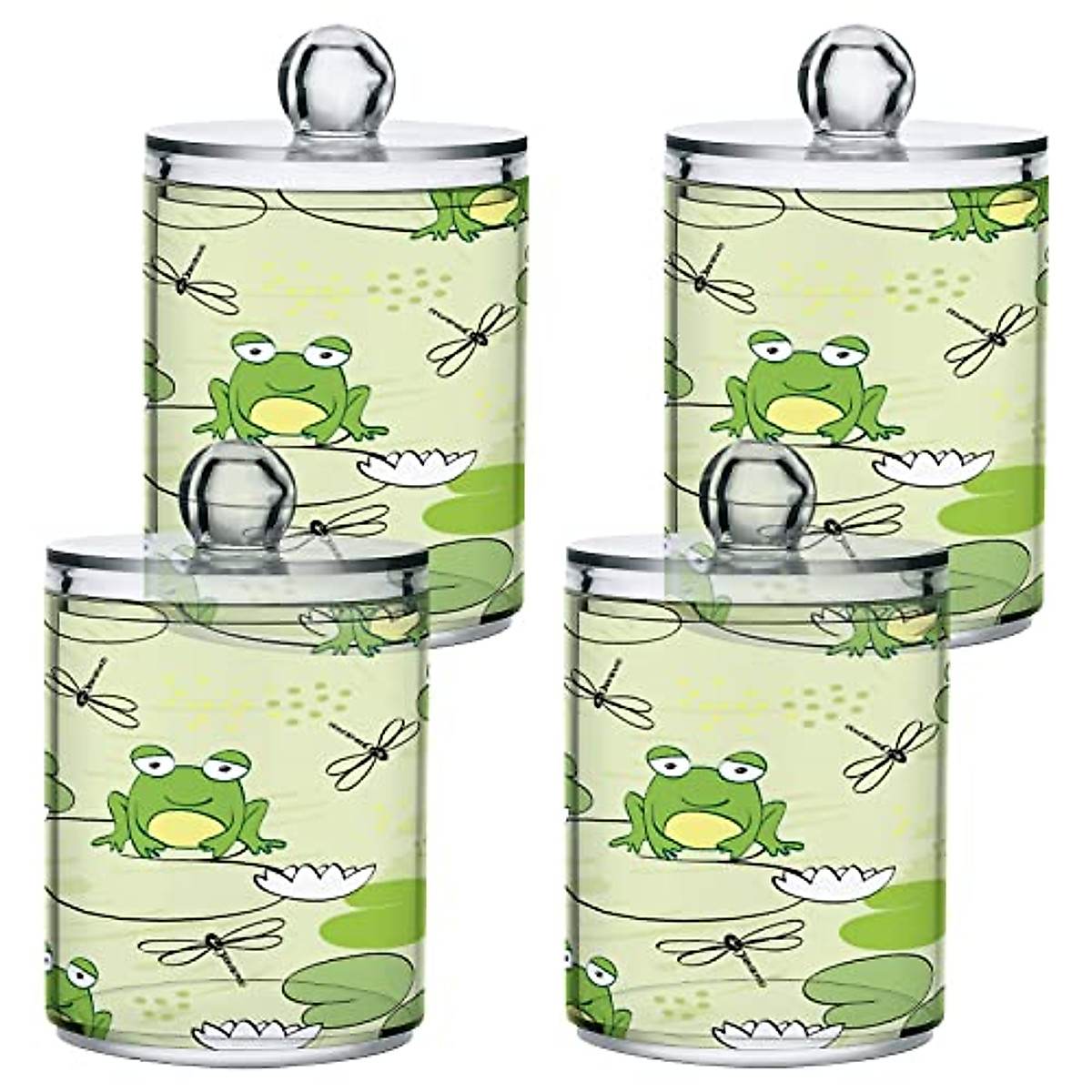 xigua 2 Pack Qtip Holder Dispenser with Lids Frog Lotus Dragonfly Clear Plastic Jar Set for Bathroom Canister Storage Organization,Vanity Makeup Organizer#287