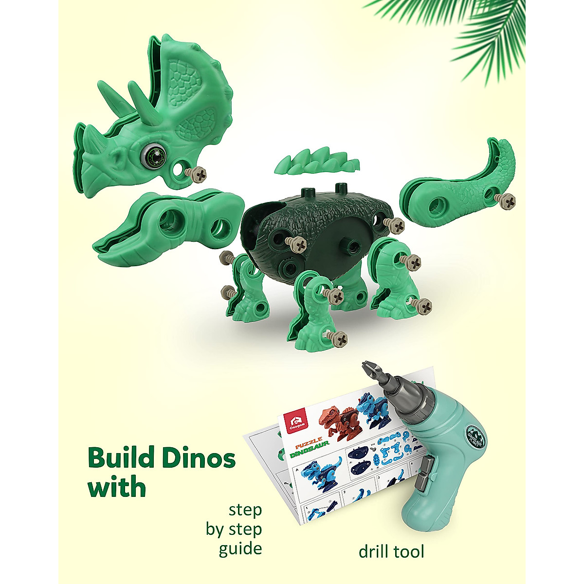 Coogam Take Apart Dinosaur Construction Toys 3 Pack, Fine Motor Skill Building Dinosaur Set STEM Educational Gift Game with Drill-Tyrannosaurus, Triceratops, Velociraptor for Year Old Kids
