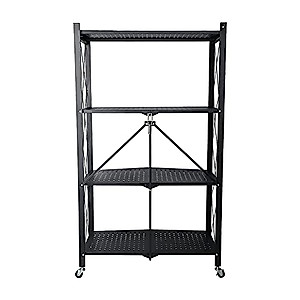 XMSound 4-Tier Foldable Storage Shelves with 12 Hooks, No Assemble Needed Wide Folding Metal Shelf with Caster Wheels for Garage Kitchen Home Closet Office