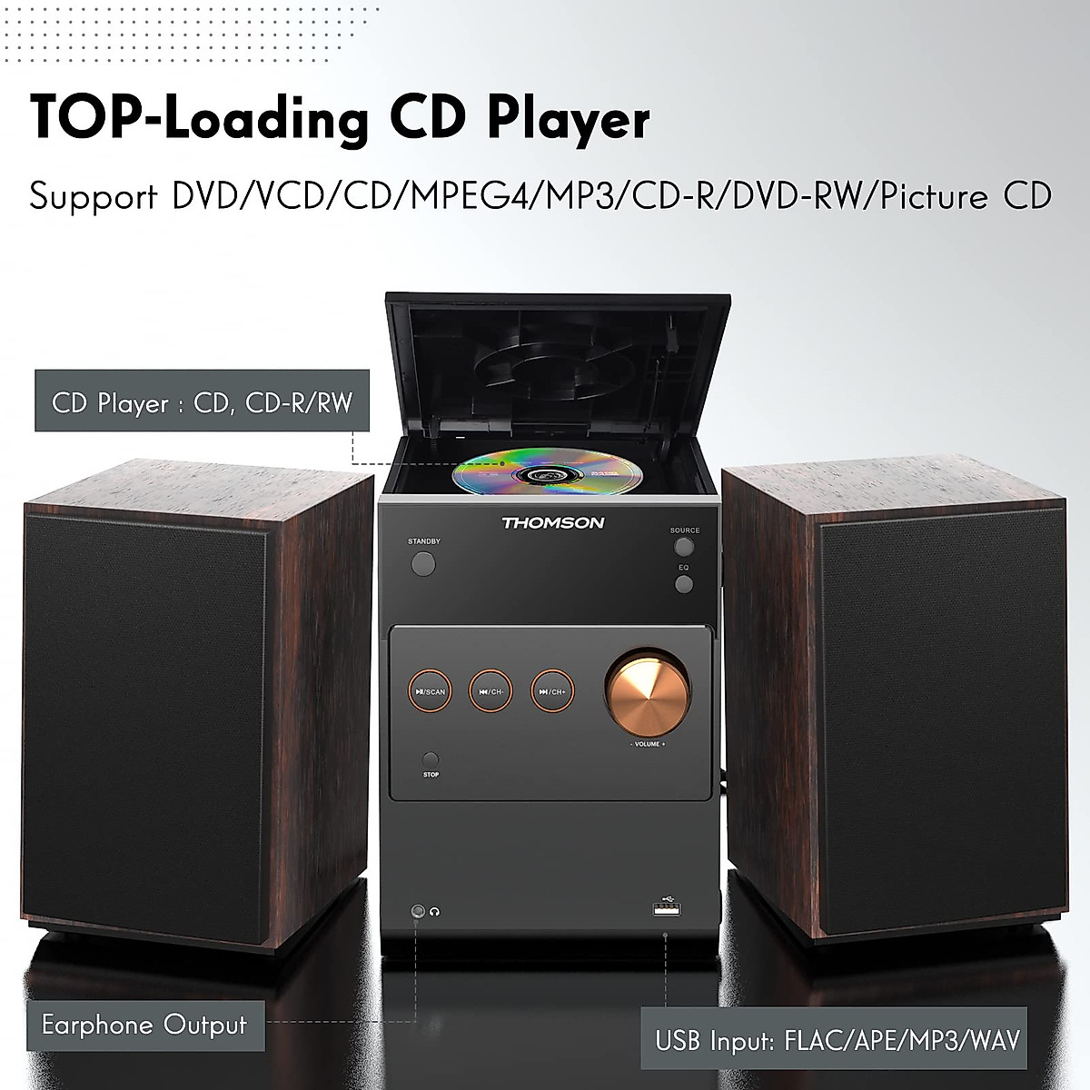 THOMSON Bluetooth Home Stereo System, 60W HiFi Shelf Stereo System with CD Player & Wireless Bluetooth Audio Streaming, FM Radio, USB Playback, Aux-in & Earphone Jack, Remote Control