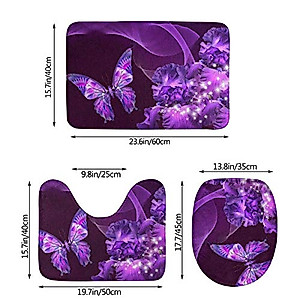 QIAOQIAO Purple Butterfly Bathroom Rugs and Mats Sets 3 Piece (Bath Mat U-Shaped Contour Shower Mat Non Slip Absorbent Toilet Lid Cover Washable) 40x60cm, OneSize