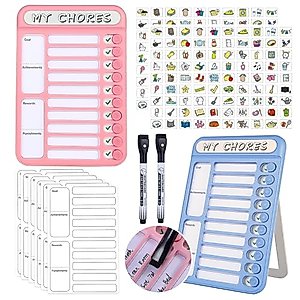 2 Pcs Dry Erase Chore Chart ADHD Tools for Kids Reusable to Do List Checklist Board with 6 Double Sided Erasable Detachable Cardstock RV Daily Routine Schedule Board for Home Desk (Blue, Pink)