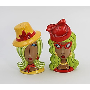Fine Ceramic Dollymamas African American Black Fashion Lady with Hats Salt & Pepper Shakers Set, 4-1/2" H