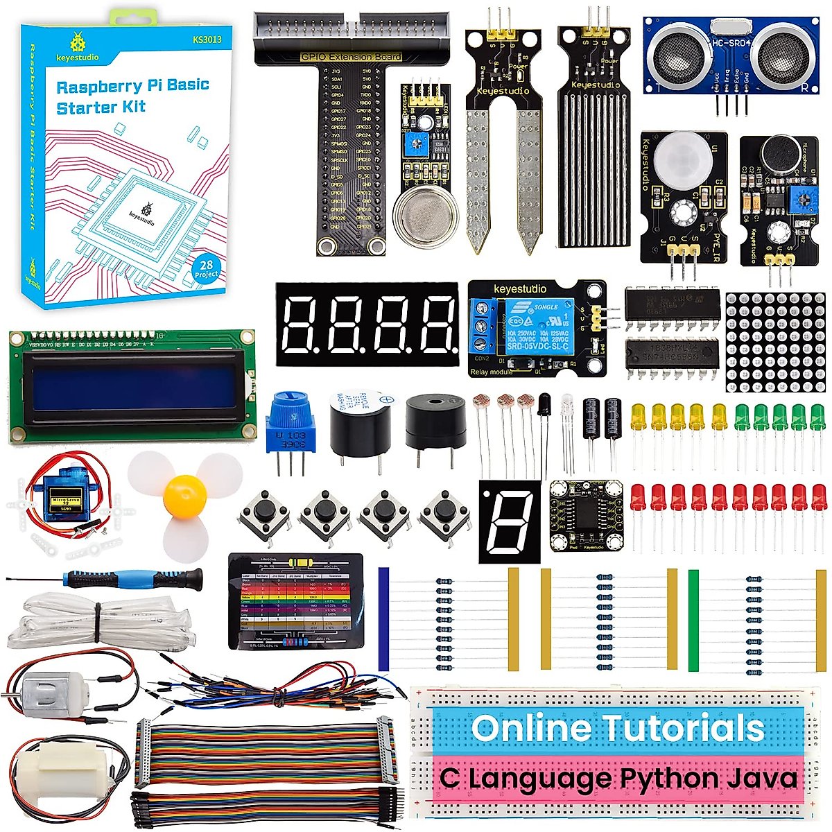 KEYESTUDIO Basic Starter Kit for Raspberry Pi 4 3 3B/2B/B+, with Tutorials C+ Python Java Code, Breadboard Solderless Electronic LCD Water Level Gas Sensor Programming Easy for Beginners