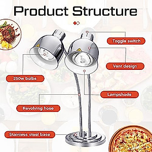 VIHOSE Food Heat Lamp Food Heat Preservation Lamp Commercial Food Warmer Light Portable Catering Heat Lamp for Restaurant Kitchen Food Heating Home Use Service Buffet, Dual Head, 250W Bulb, Silver