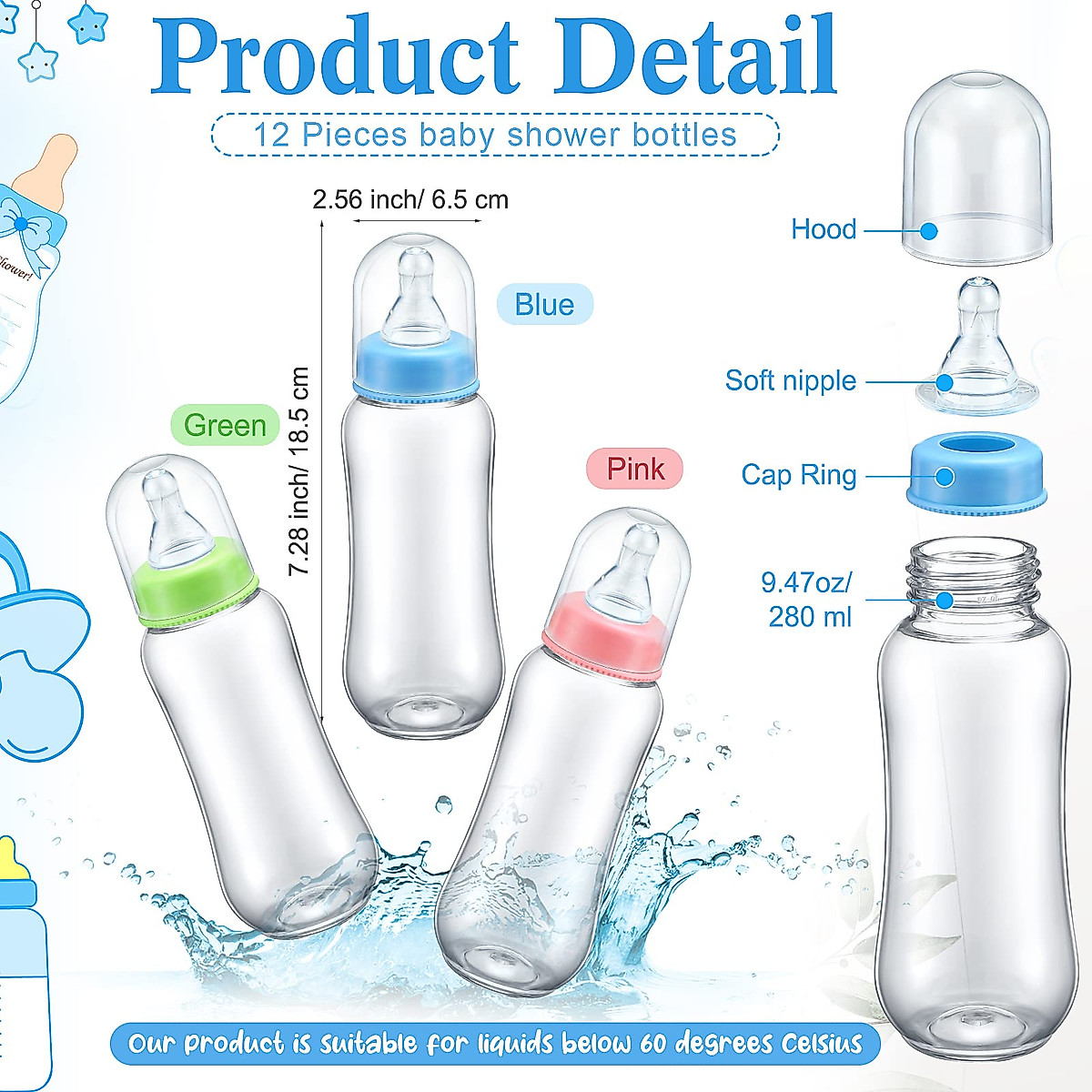 Roowest Baby Bottles for Baby Shower Games Bottle Chug 12 Pcs Plastic Baby Bottles Bulk and Bottle Chug Sign Baby Bottle Chugging Games for Party Gender Reveal Wedding Bridal Shower(Green Leaves)