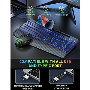 Wireless Keyboard and Mouse Backlits, Wrist Rest, Jiggler Mouse, Rechargeable Ergonomic Keyboard with Phone Holder, Silent Light Up Combo for Computer, Mac, PC, Laptop, Chromebook -by SABLUTE