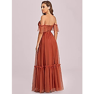 Ever-Pretty Women's Formal Dress Sweetheart Off-Shoulder Ruched Tulle Maxi Bridesmaid Dresses Burnt Orange US4