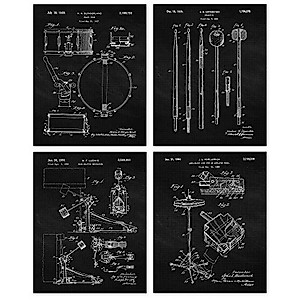 Vintage Drums Equipment Patent Prints, 4 (8x10) Unframed Photos, Wall Art Decor Gifts Under 20 for Home Office Garage Man Cave DJ Musician College Student Teacher School Rock Band Drummer Champion Fan
