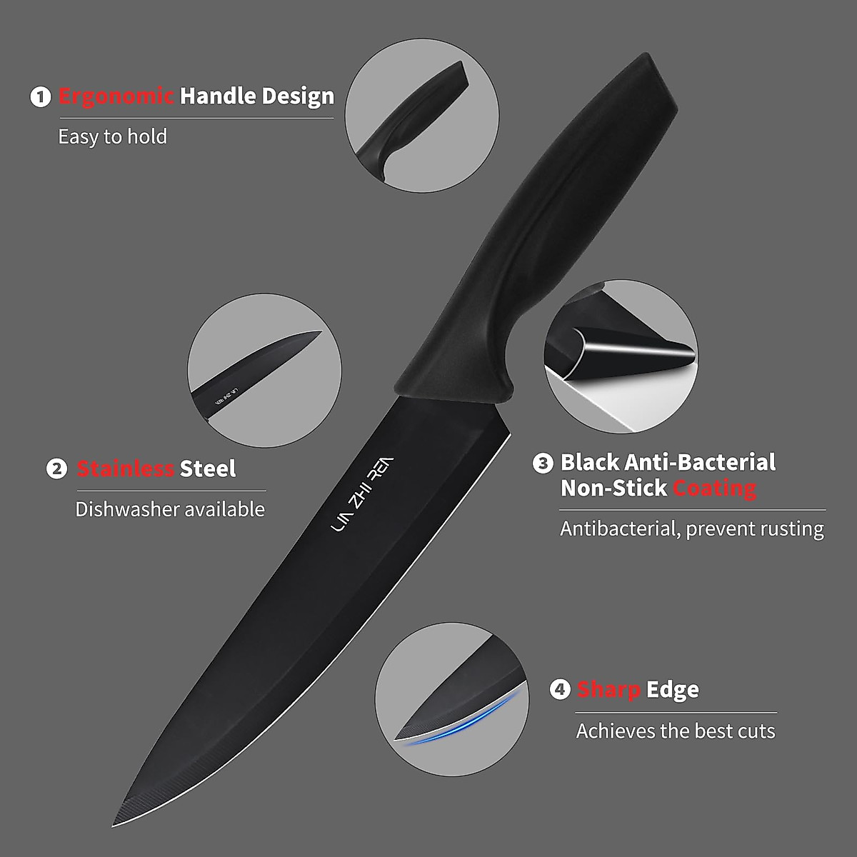 Knife Set, 15 Pieces Kitchen Knife Sets with Block, Built-in Sharpener, Dishwasher Safe, Anti-slip Ergonomic Handle, Knife Block Set for Chopping, Slicing, Dicing & Cutting, Black