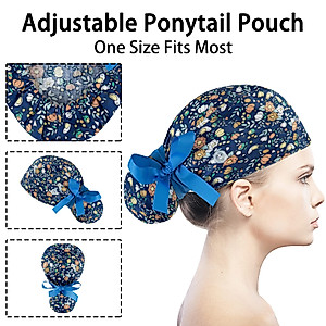 Scrub Caps Women Bouffant Scrub Hats Caps Nurses, Adjustable Working Cap Ponytail Pouch Tie Back Hats