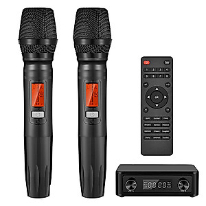 Wireless Microphone System, Dual Handheld UHF Cordless Dynamic Microphone Support Bluetooth Input, AUX in/Out, Portable Microphone Mixer System for Home Karaoke KTV Meeting Party Church Wedding DJ