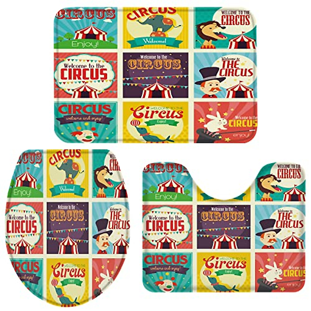 Bathroom Rugs, Memory Foam Bath Mat Bathroom Set, Cartoon Circus Bath Rugs Bathroom Accessories, Home Decor Non-Slip Absorbent Soft Bath Mats for Bathroom, Tub, 3 Pieces