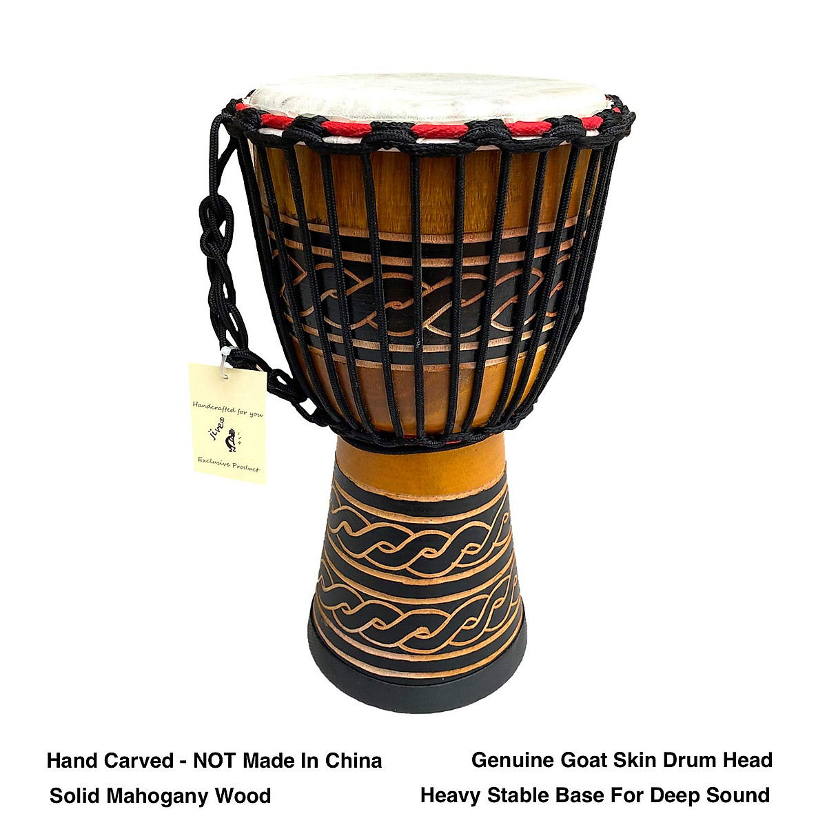 JIVE BRAND Djembe Drum Bongo Congo African Mahogany Wood Drum With Heavy Base Goat Skin Drum Head Hand Carved Professional Quality - 16" High - NOT MADE IN CHINA