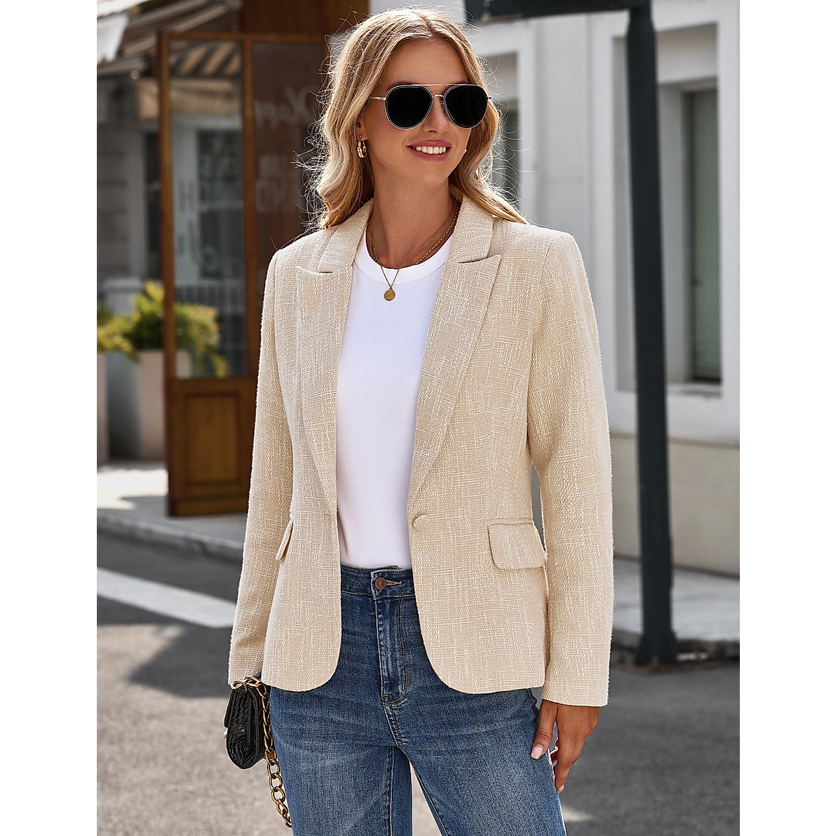 luvamia Tweed Blazers for Women Business Casual Dressy Blazer Jacket Blazers for Women Business Casual Women Blazers for Work Professional Work Clothes for Women Beige Size Small Fits Size 4 / Size 6