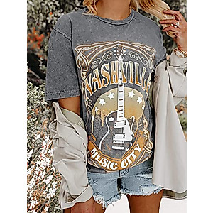 Binshre Womens Nashville Shirts Country Music Concert Tshirts Distressed Graphic Short Sleeve Tees for Women Grey L