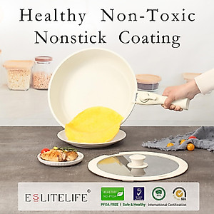 ESLITE LIFE Nonstick Frying Pan Skillet Set with Detachable Handle, Healthy Granite Coating Egg Omelette Pan Stone Cookware Chef's Pan, PFOA Free(Cream, 4-Piece)