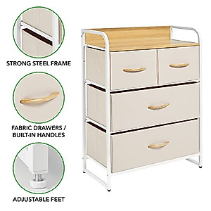mDesign 30.9" High Steel Frame/Wood Top Storage Dresser Furniture Unit with 4 Removable Fabric Drawers - Bureau Organizer for Bedroom, Living Room, or Closet - Cream/White