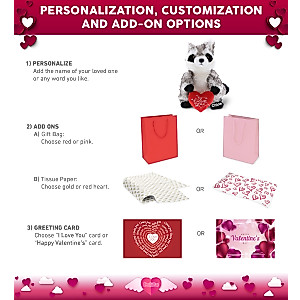 DolliBu I Love You Valentine Plush Raccoon - Cute Stuffed Animal with Red Heart and Name Personalization Gift for Valentines Day, Birthday, Anniversary, Romantic Date - 9 Inches