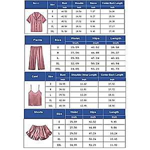 SWOMOG Womens 4 Piece Satin Pajamas Silk Short Sleeve Pj Sets Long Bottoms V Neck Cami Ruffle Shorts Pajama Pants Bridal Pjs Misty Rose