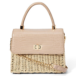 Like Dreams Women Hand-woven Straw Crossbody Faux Croc Vegan Leather Upper Floral Inner Summer Crossbody (Taupe)