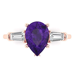 Clara Pucci 2.5 ct Pear Baguette cut 3 stone Solitaire Natural Amethyst Designer Anniversary Bridal Engagement Ring 14k Rose Gold