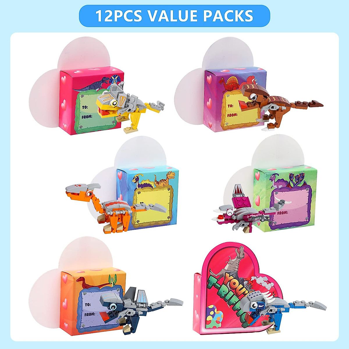 Lumiparty 12 Packs Valentines Dinosaur Building Blocks Toys with Heart Boxes for Valentine Kids Classroom Exchange, Prize Supplies, Valentine’s Gifts Exchange School Rewards