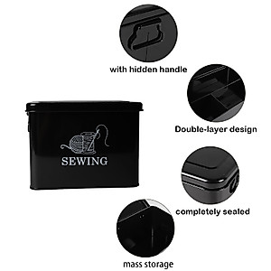 Xbopetda Metal Sewing Box, Sewing Kit Storage Box, 2-Tier Sewing Basket with Removable Tray, Sewing Supplies Organizer, Sewing Storage Box for Sewing Accessories, Scissor, Thread, Pins, Clips (Black)
