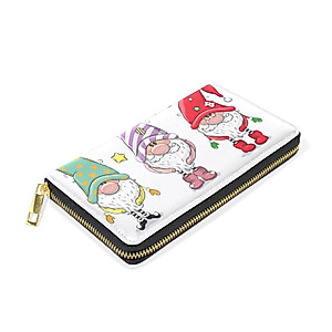Colorful Cartoon Cute Gnomes Seamless On White Leather Long Wallet Organizer with Zipper Purse Clutch Bag for Women Men